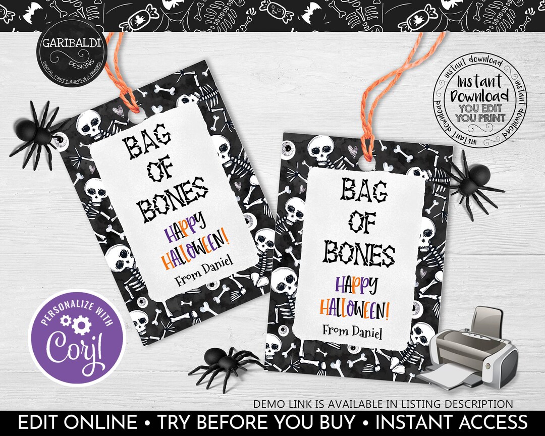 Editable Halloween Gift Tag Skeleton Bag of Bones Gift Tag Halloween ...
