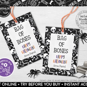 Editable Halloween Gift Tag Skeleton Bag of Bones Gift Tag Halloween ...