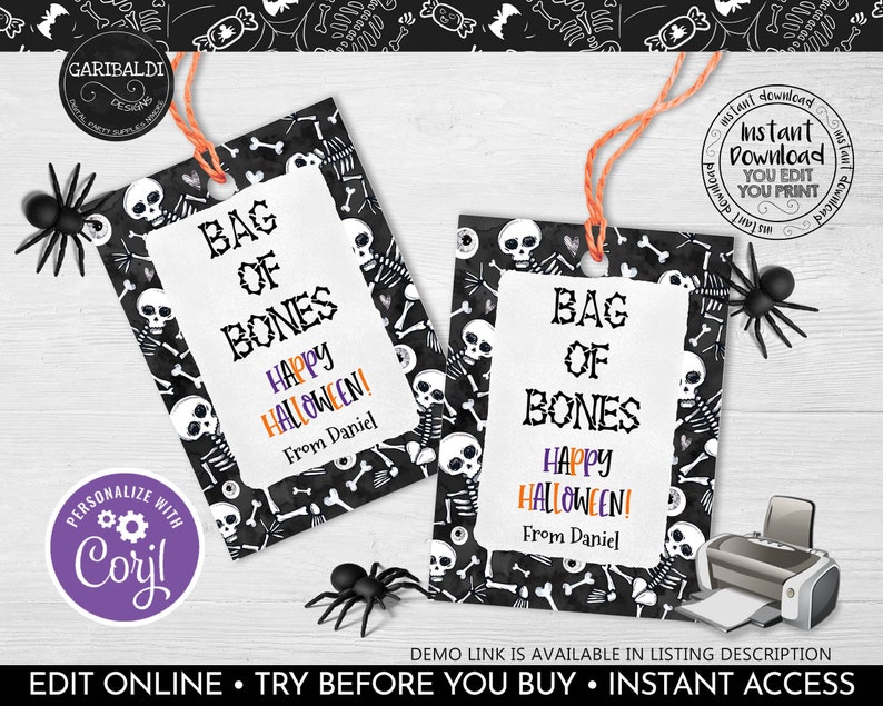 Editable Halloween Gift Tag Skeleton Bag of Bones Gift Tag - Etsy