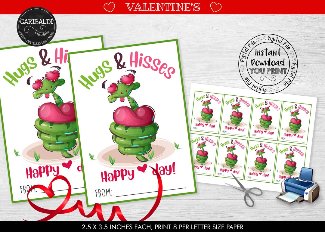 Snake Valentine's Day Cards Class Valentine's Day Cards Hugs and Hisses ...
