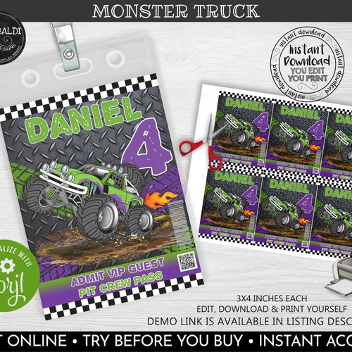 Editable Printable Monster Truck Pit Crew Pass Monster Truck - Etsy