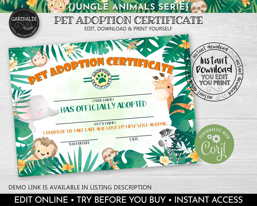 Editable Adopt a Wild Animal Certificate Safari Pet Adoption ...