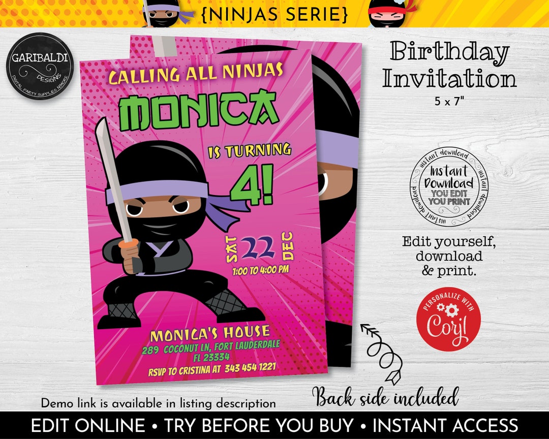 Editable Ninja Birthday Party Invitation Instant Download Ninja Invite ...