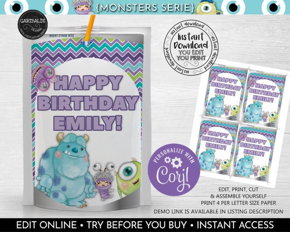 Editable Monsters Juice Box Labels Baby Monsters Juice Pouch - Etsy
