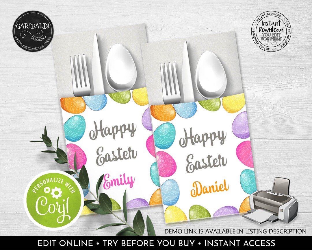 Easter Silverware Cutlery Holder Editable Easter Flatware Bag Utensils ...