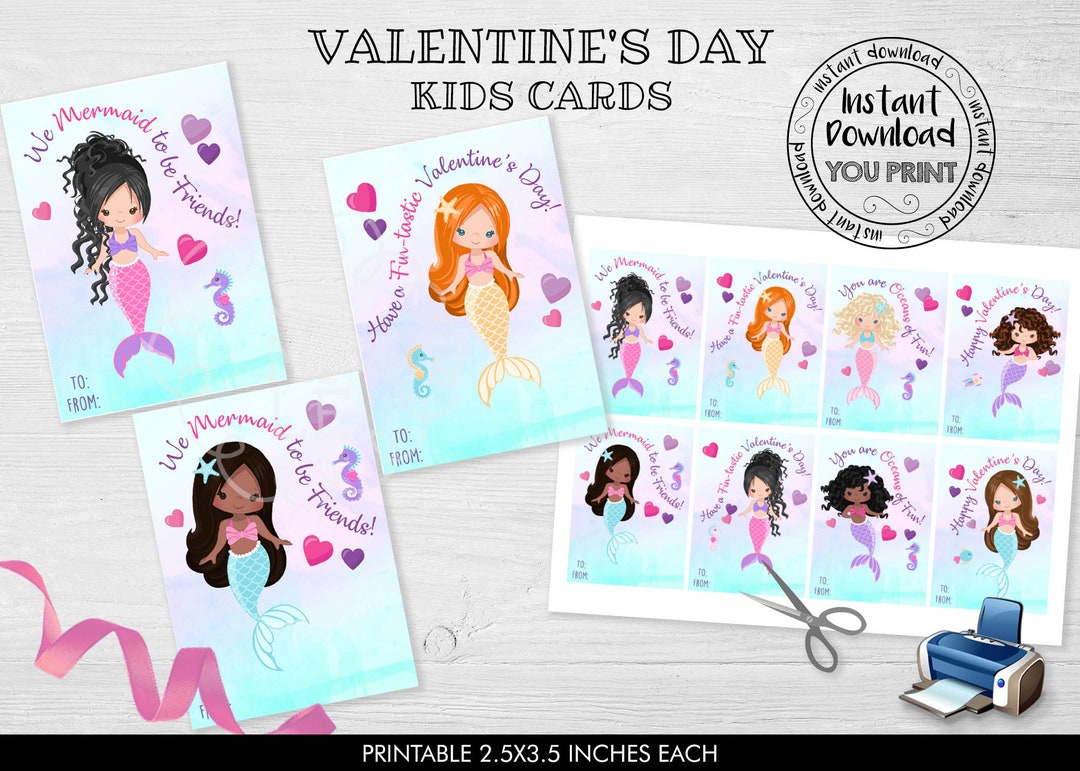 Printable Mermaid Valentine Cards, Mermaid Valentines Cards, Classroom ...