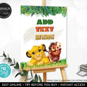Editable Lion King Party Sign Safari Lion Birthday Party Table Decor ...