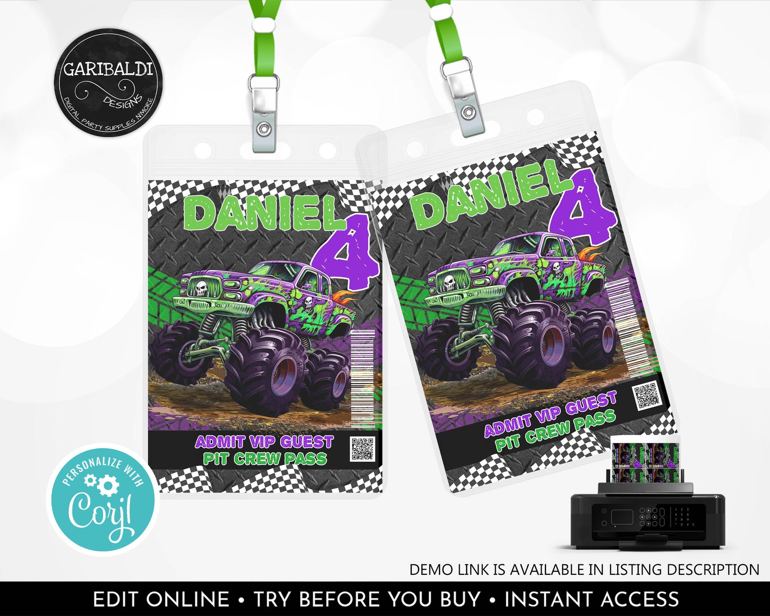 Editable Printable Monster Truck Pit Crew Pass Monster Truck VIP Pit ...
