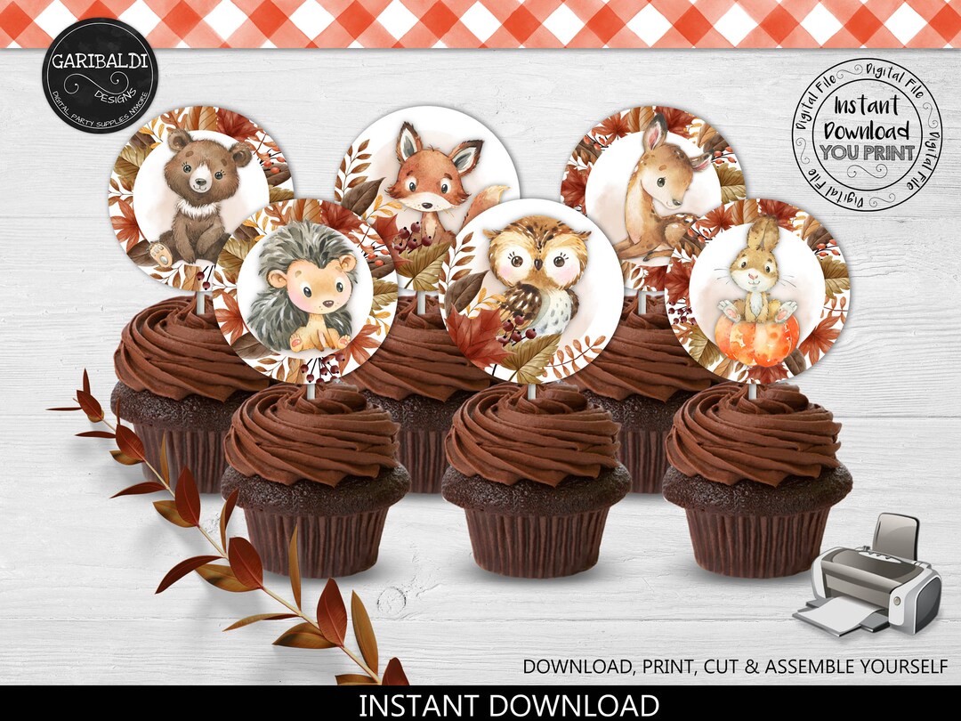 Woodland Fall Cupcake Toppers, Printable Fall Forest Animals Birthday ...