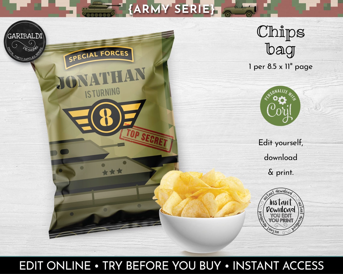 Editable Army Chip Bag Wrapper Solider Chip Bag Template - Etsy
