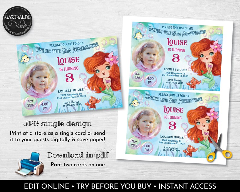 Little Mermaid Invitation Editable Mermaid Princess Birthday Party ...