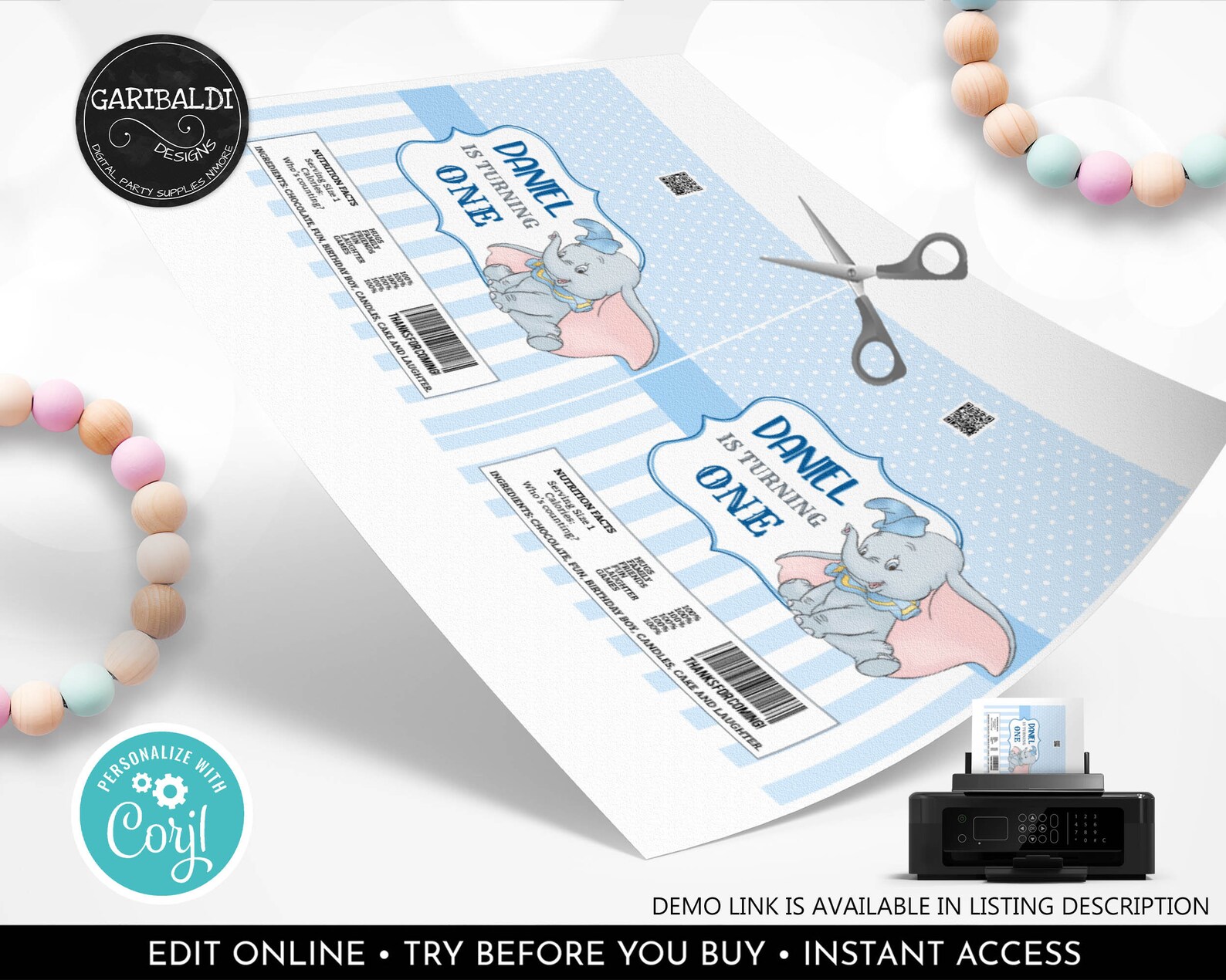 Editable Dumbo Candy Bar Wrapper Blue Elephant Baby Shower Chocolate ...