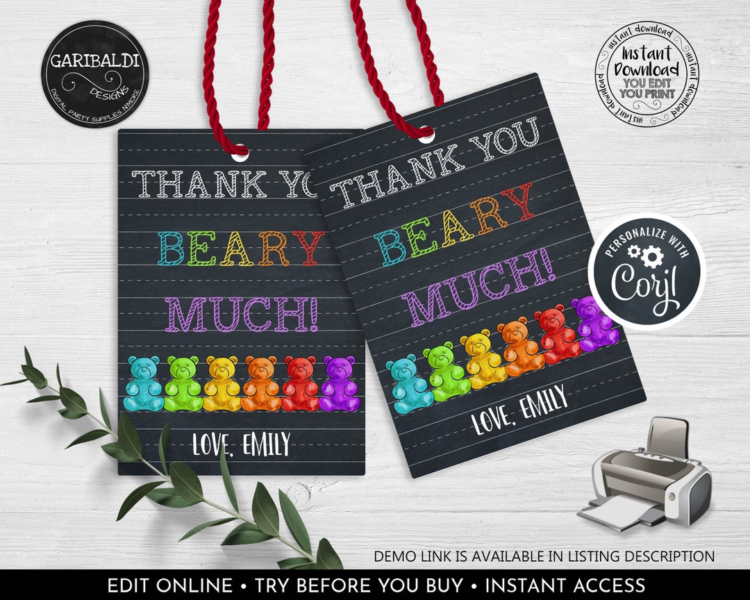 Editable Teacher Appreciation Tags Thank You Beary Much Gummy Bears ...
