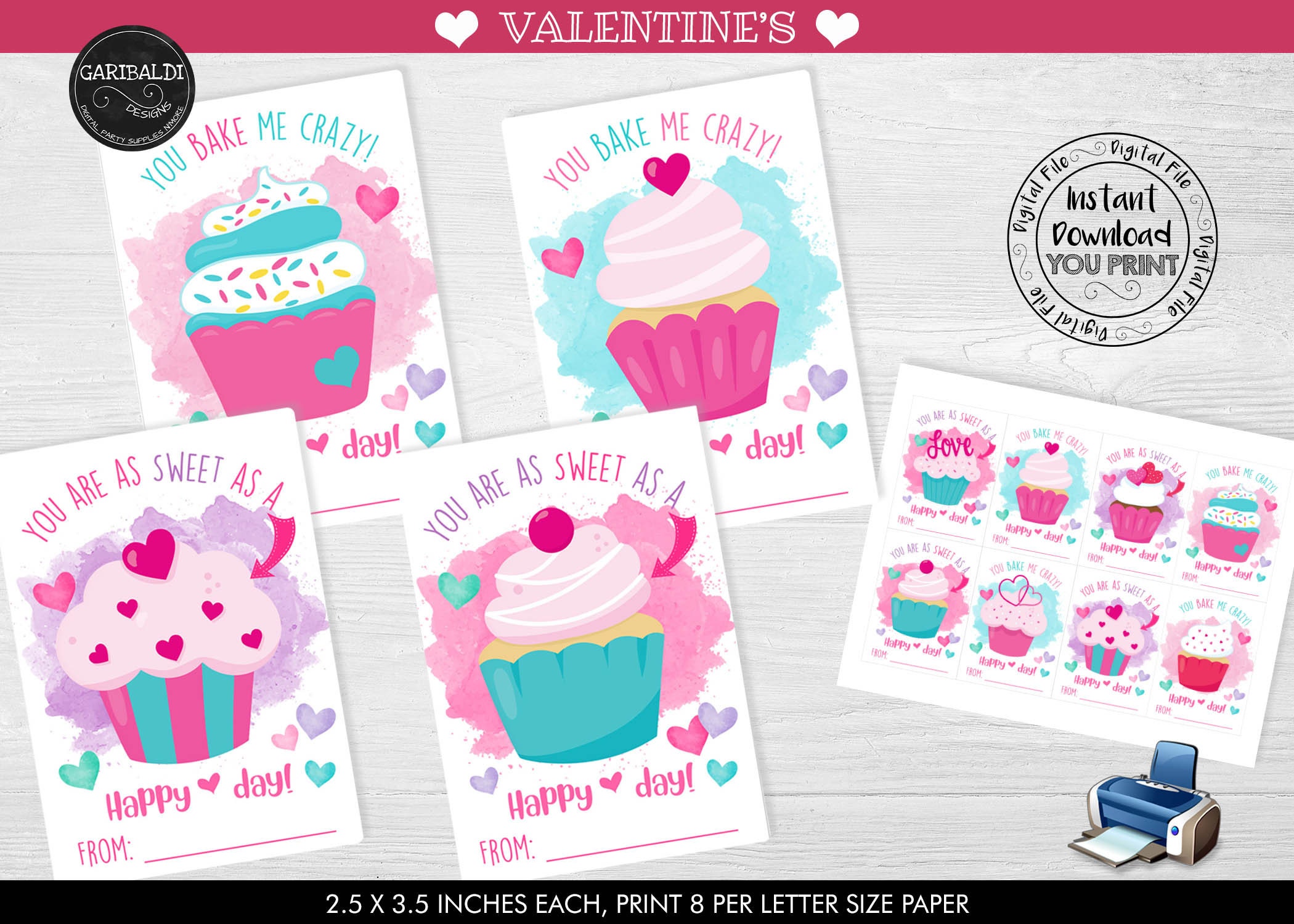 Printable Cupcake Valentine Cards Cute Donuts Valentine's Day Kids ...