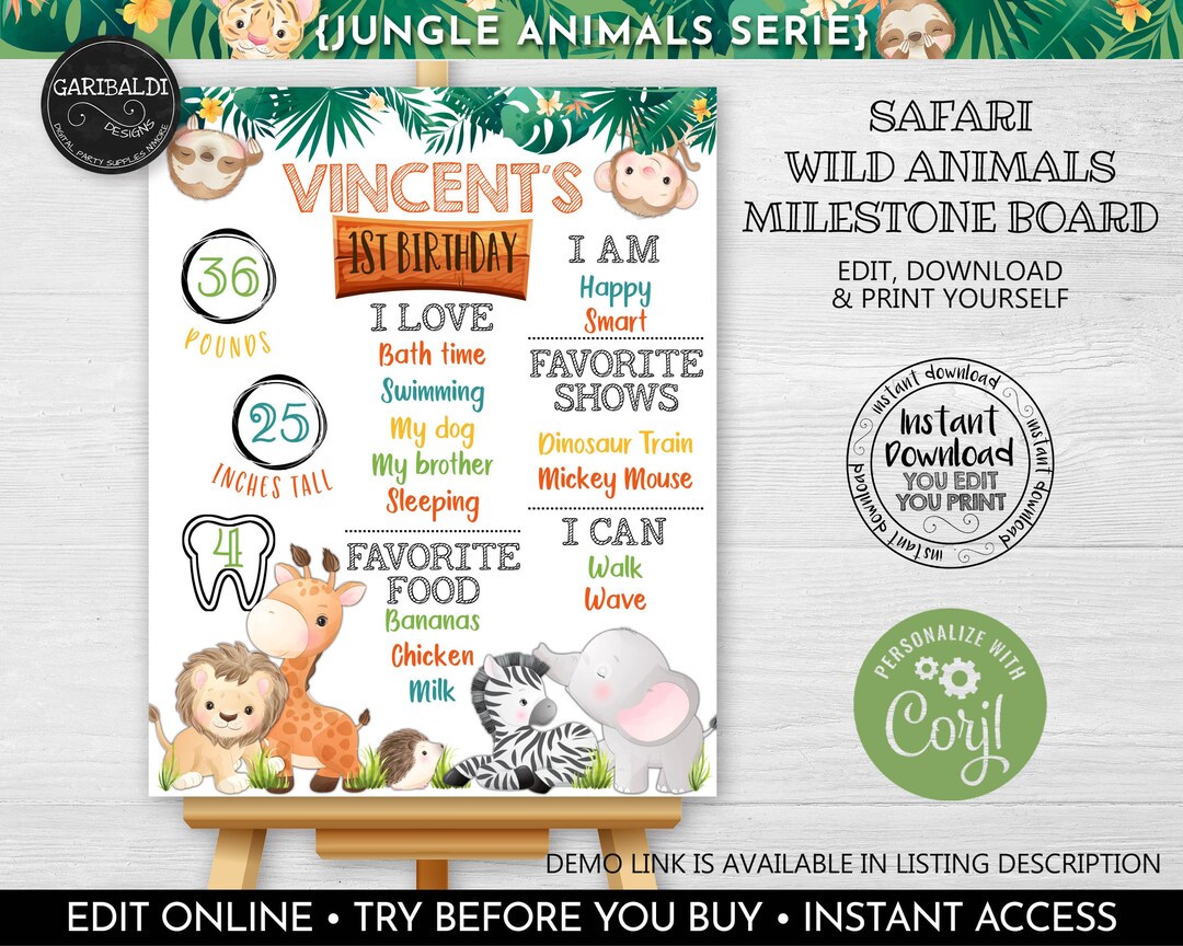Editable Safari Birthday Milestone Poster Wild One Birthday Milestone ...