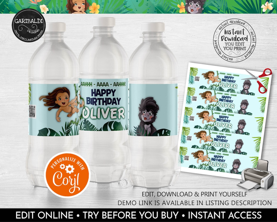 Editable Jungle Boy Water Bottle Labels, Printable Wild One Water ...