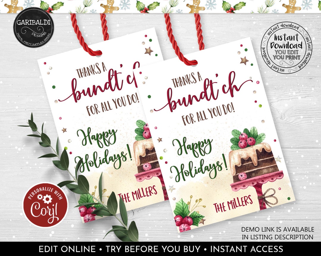 Editable Christmas Bundt Cake Gift Tag Thanks a Bundtch for All You Do ...