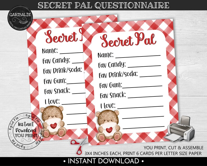Valentine's Day Secret Pal Questionnaire, Printable Gift Exchange Wish ...