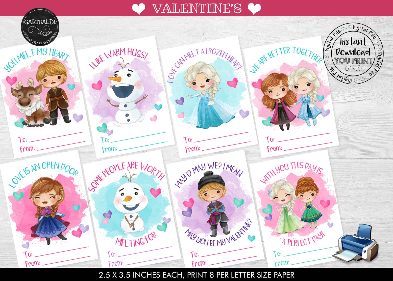 Printable Frozen Valentine Cards Kids Valentine Cards School | Etsy