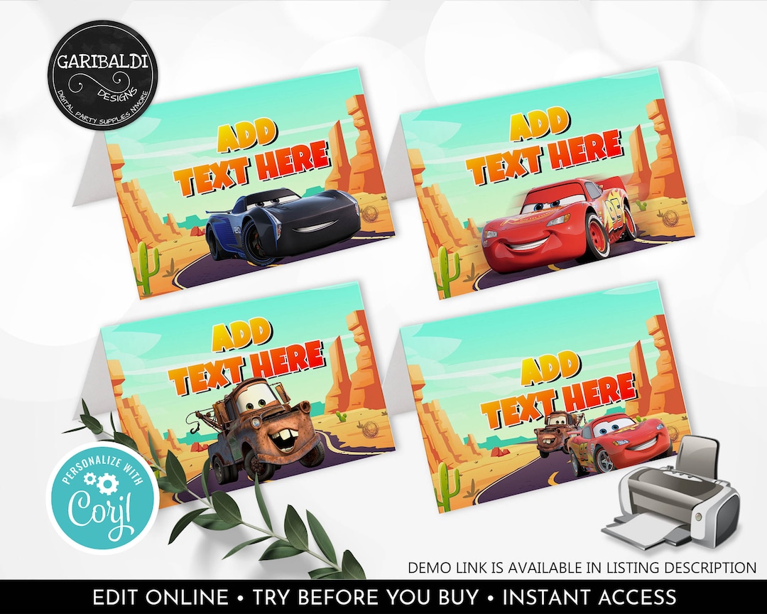Editable Radiator Springs Racing Car Food Labels Cars Buffet Tent Cards ...