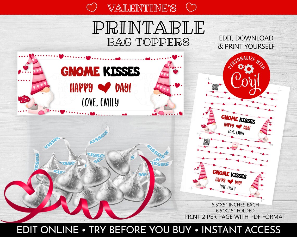 Editable Valentine's Day Bag Topper Gnome Valentine's | Etsy