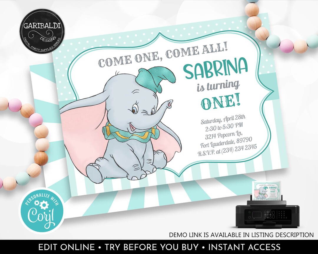 Dumbo Invitation Editable Mint Dumbo Birthday Party Invitation Blue ...