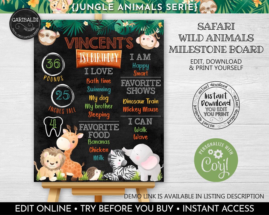 Editable Safari Birthday Milestone Poster Wild One Birthday Milestone ...