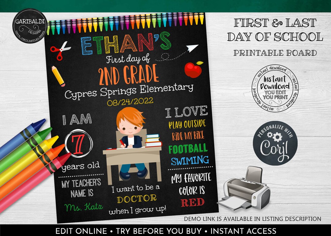 Editable First Day School Sign Back to School Photo Prop Board Instant ...