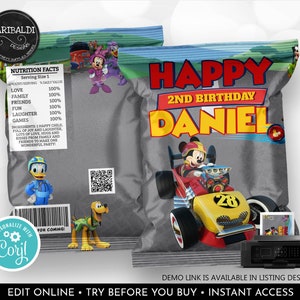 Editable Mickey Roadster Racers Chip Bag Wrapper Racing Cars Birthday ...