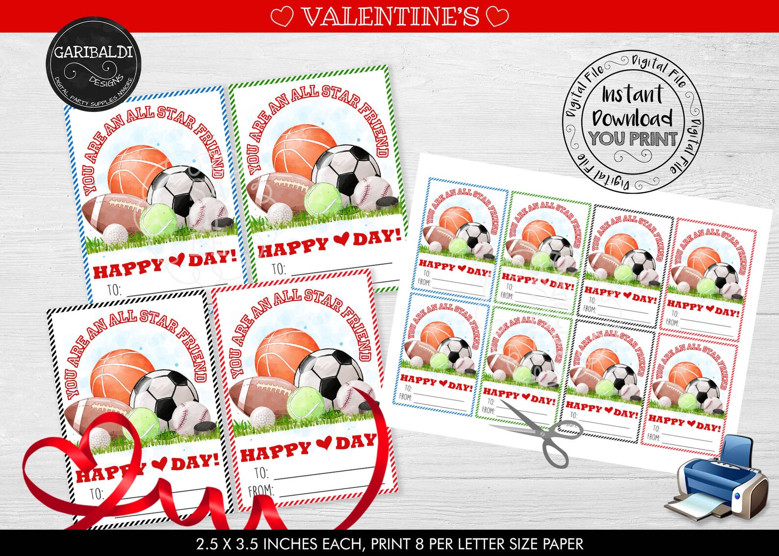 Printable Sports Valentine's Day Cards All Star Friend Valentine's Day ...