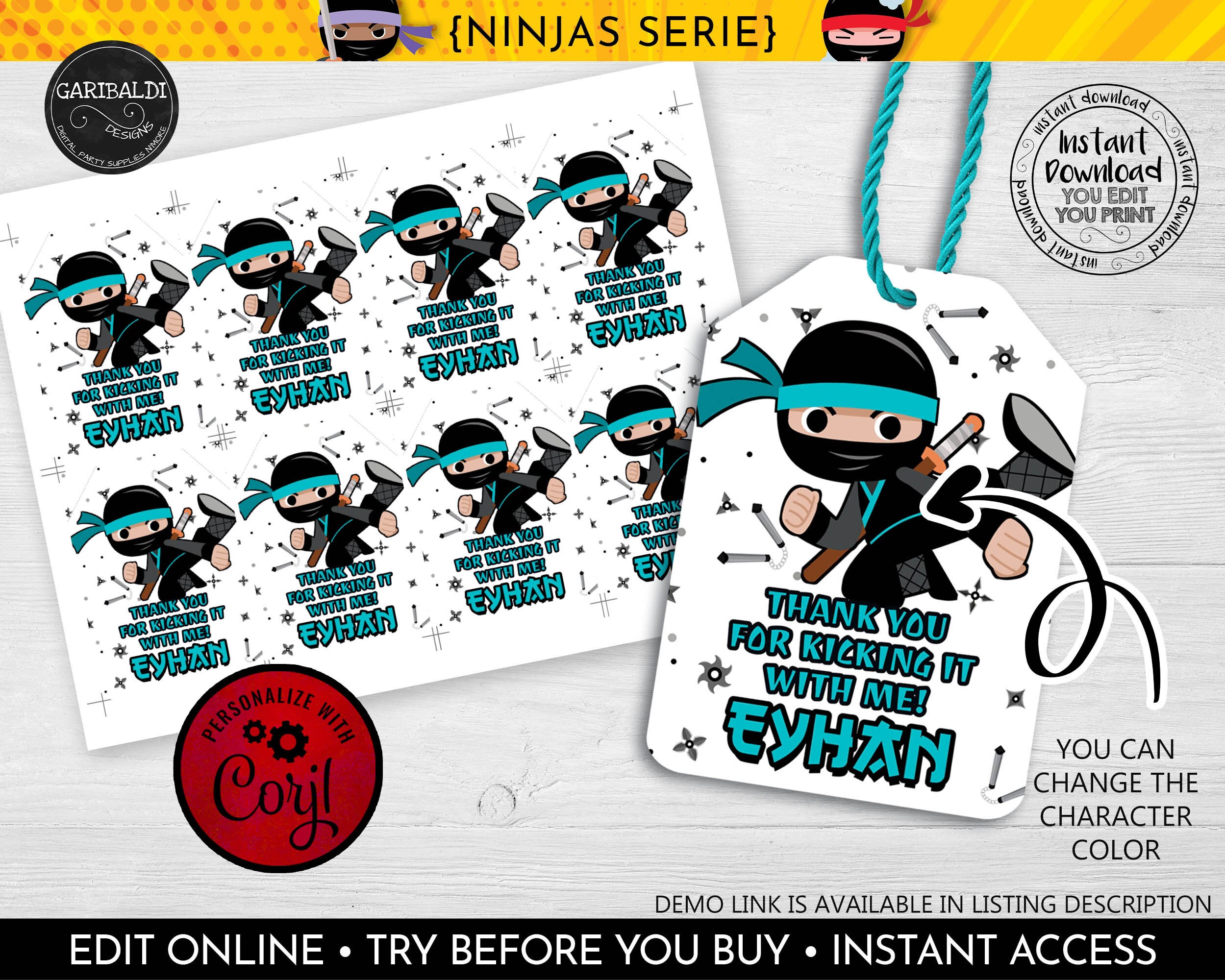 Editable Ninja Favor Tags Ninja Gift Tags Instant Download - Etsy