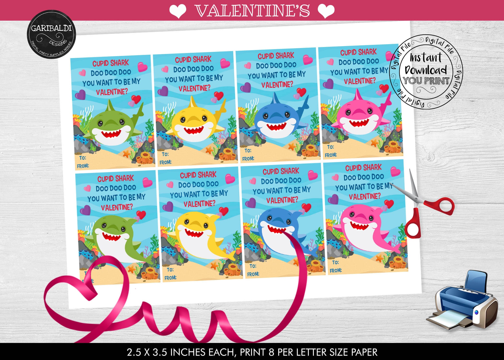Instant Download Cute Shark Valentines Day Cards Printable Valentines ...