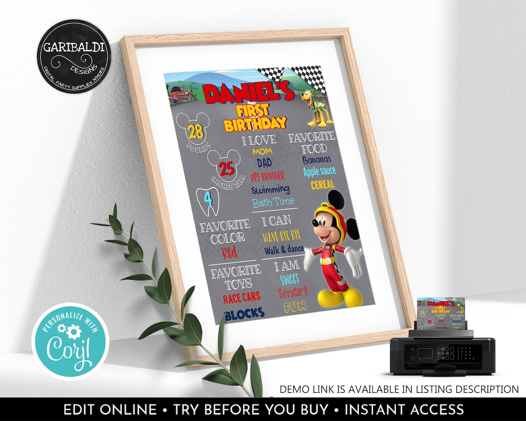 Editable Roadster Racers Milestone Board Mickey Mouse First Birthday ...