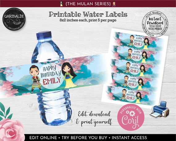 Editable Mulan Water Bottle Labels Instant Download Mulan - Etsy