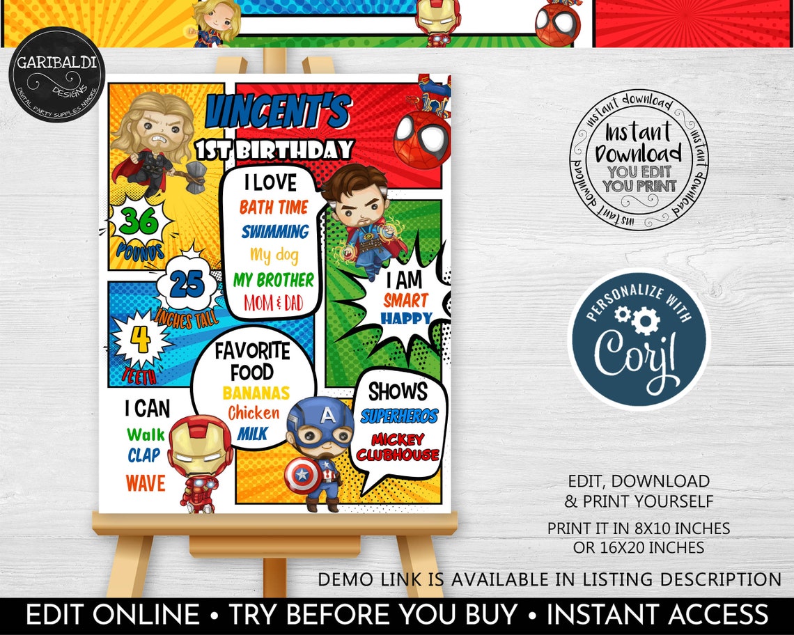 Editable Superhero Milestone Board, Superhero Birthday Milestone Sign ...