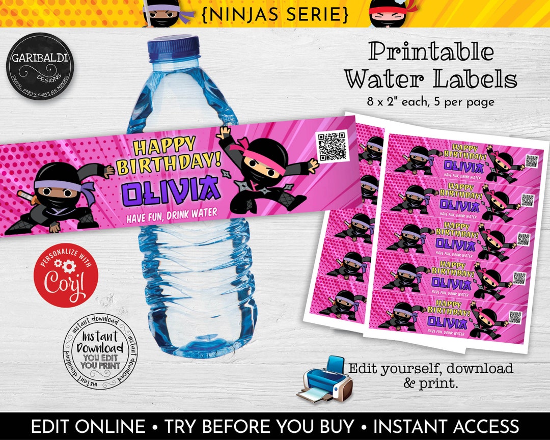 Editable Ninja Water Bottle Labels Instant Download Ninja Labels ...