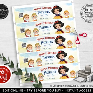 Editable Snow White Water Bottle Labels Snow White Birthday Party ...