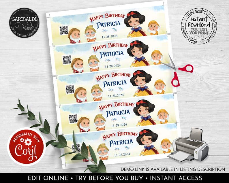 Editable Snow White Water Bottle Labels Snow White Birthday Party ...