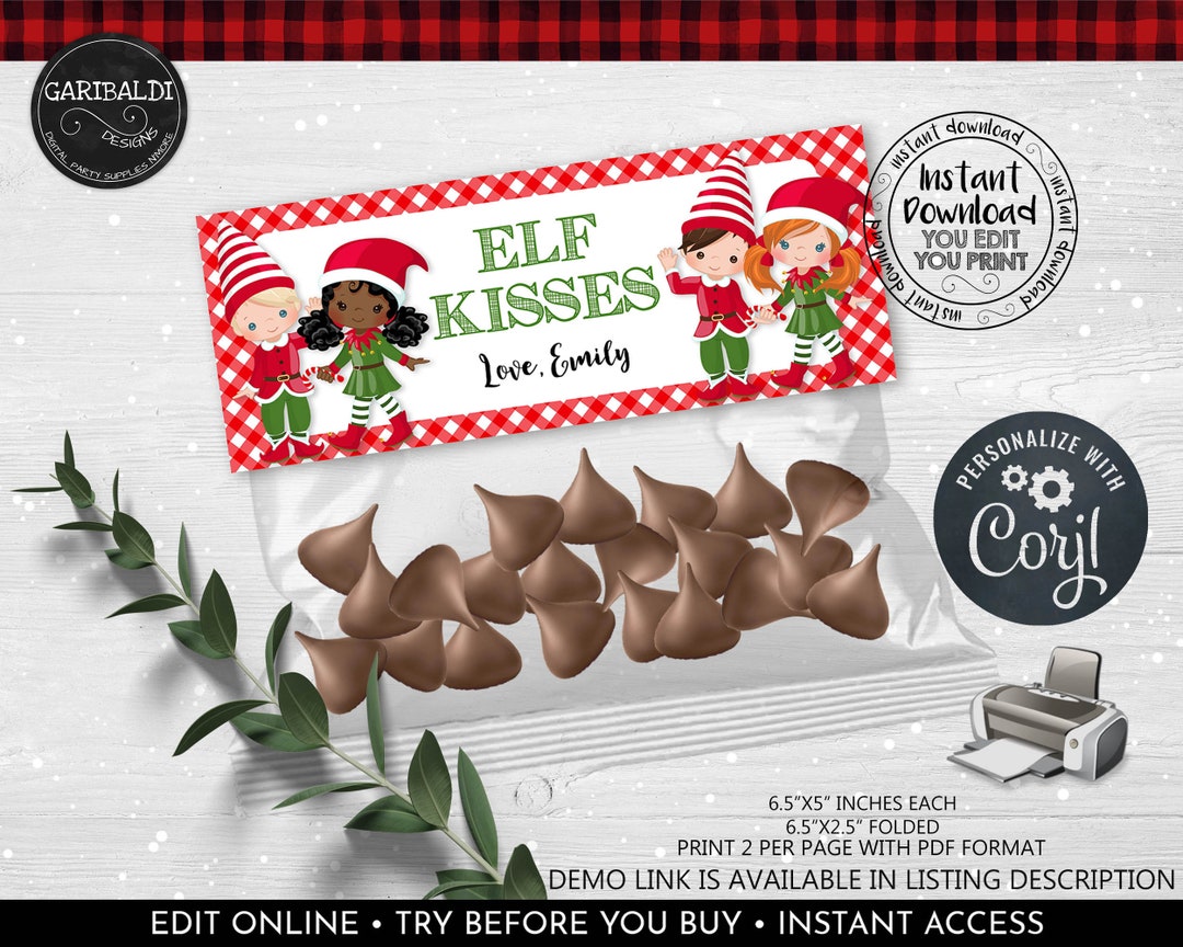 Printable Christmas Bag Topper. Editable Elf Kisses Bag Topper, Instant ...