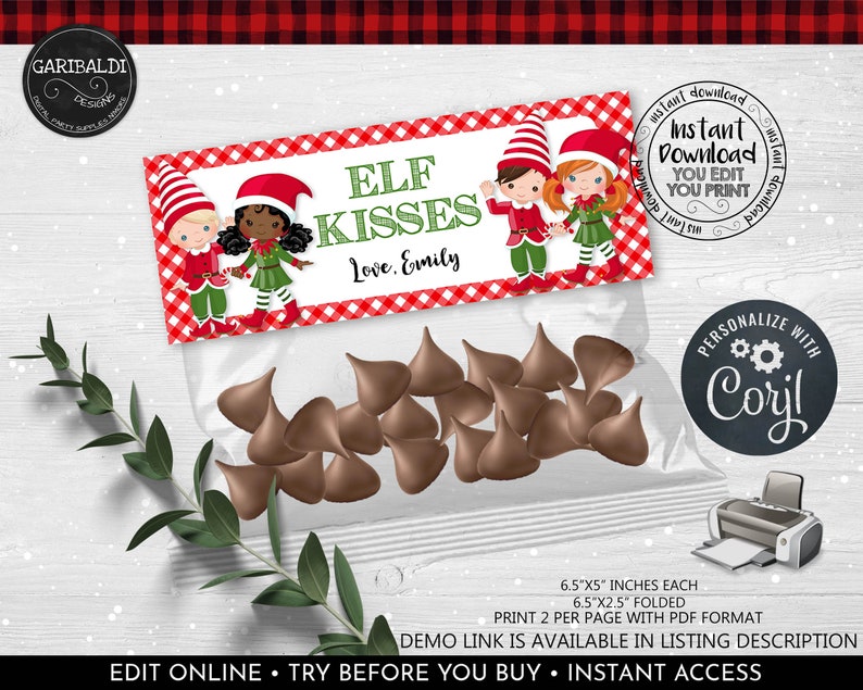 Printable Christmas Bag Topper. Editable Elf Kisses Bag - Etsy