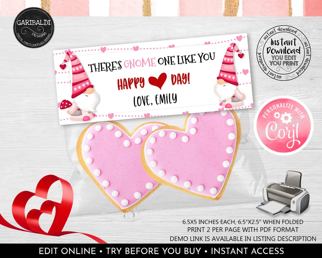 Editable Valentine's Day Bag Topper, Gnome Valentine's Day Treat Bag ...