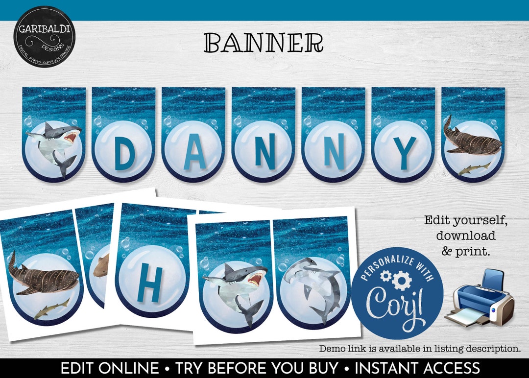 EDITABLE Shark Pennant Banner Instant Download Shark Birthday Banner ...
