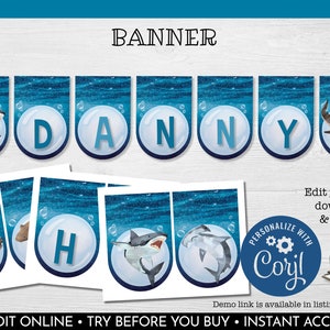 EDITABLE Shark Pennant Banner Instant Download Shark Birthday Banner ...
