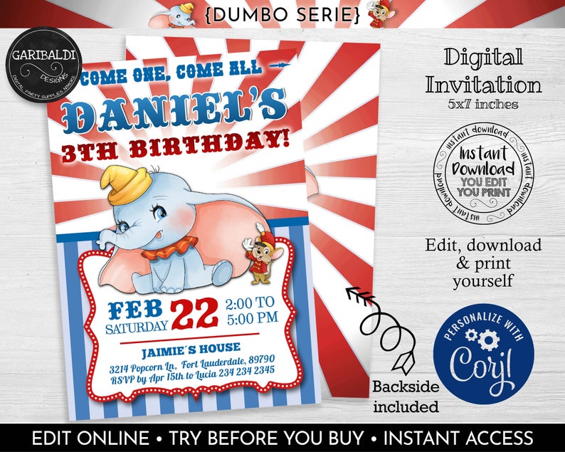 Editable Dumbo Invitation Printable Dumbo Invitation Dumbo - Etsy