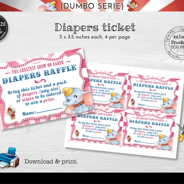 Instant Download Dumbo Diaper Raffle Ticket, Printable Blue Dumbo ...