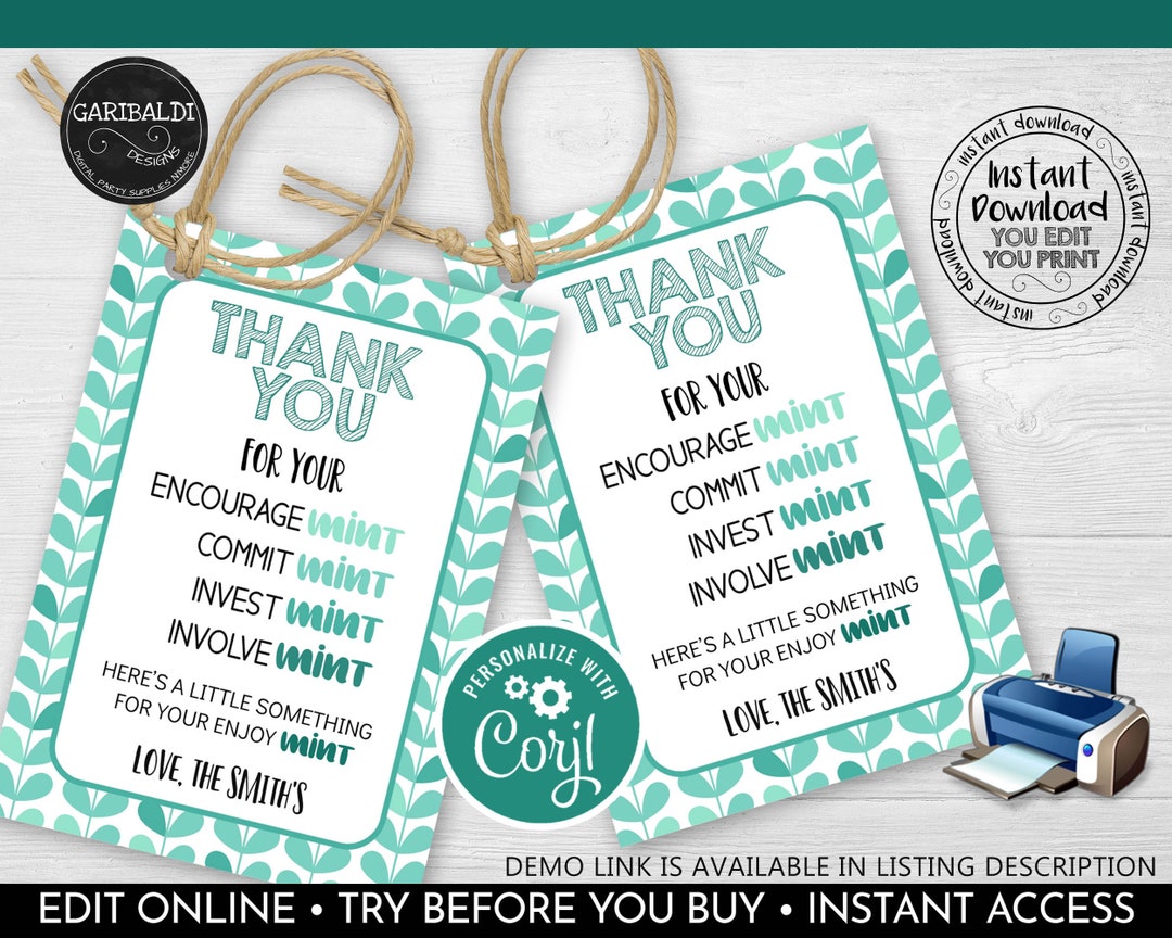 Editable Mint Thank You Tags, Printable Mint Tags, Volunteer Staff ...