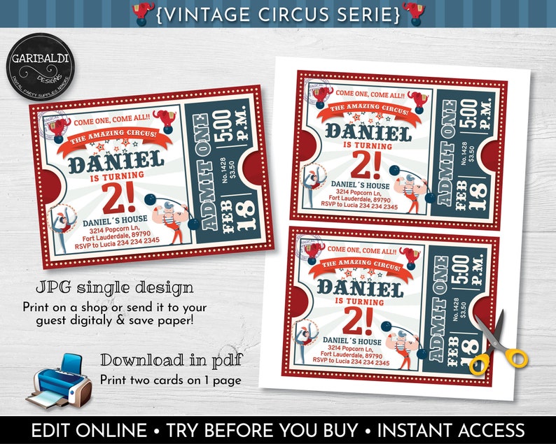 Editable Circus Invitation Printable Circus Ticket Birthday - Etsy