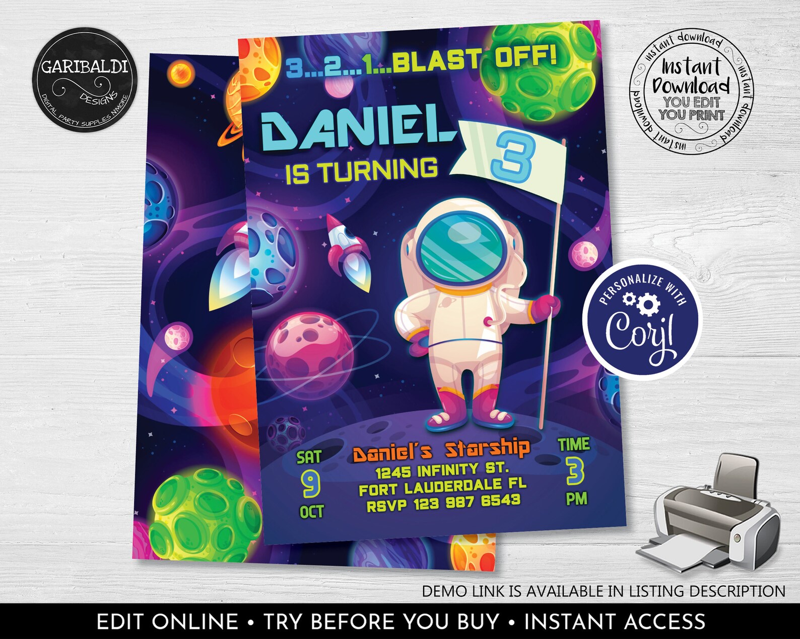 Editable Space Birthday Party Invitation Outer Space Galaxy Planets ...