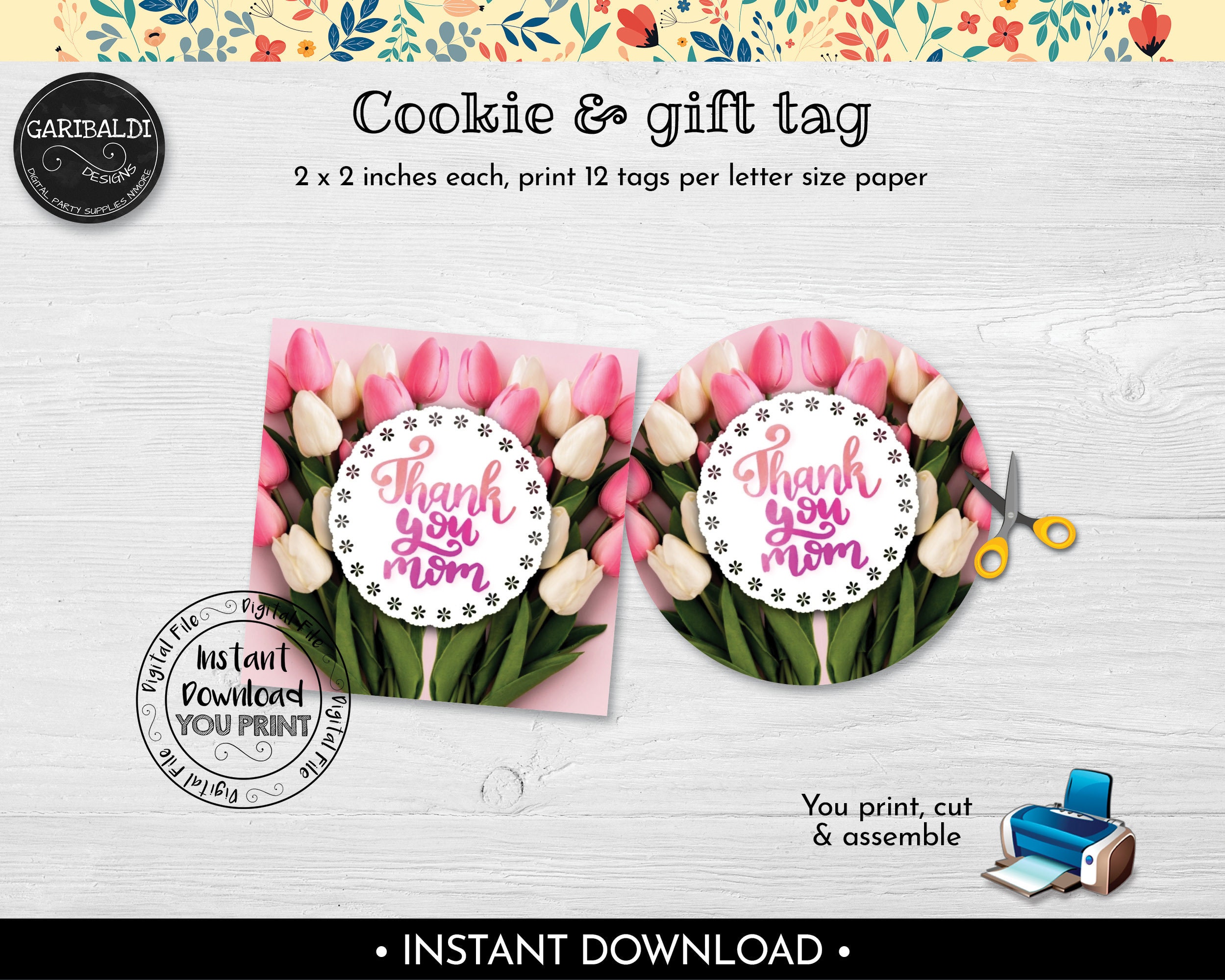Thank You Mom Gift Tag, Instant Download Mother's Day Floral Gift Tag ...