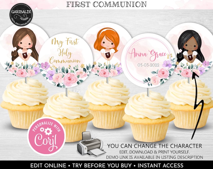 Girl First Communion Cupcake Toppers, Communion Girl, Printable Cupcake ...